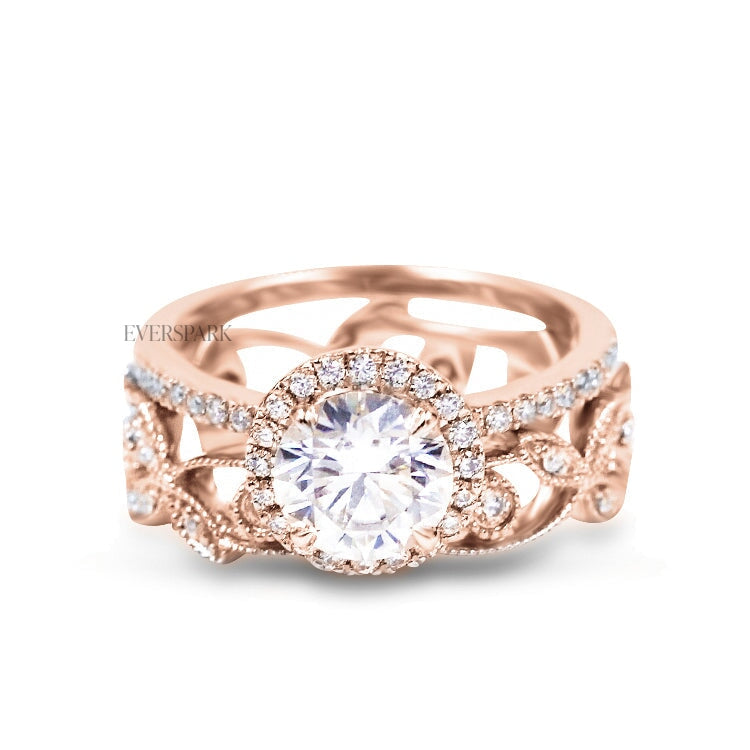 Lucille Rose | Round Cut Halo Engagement Ring + Woodland Wedding Band ...